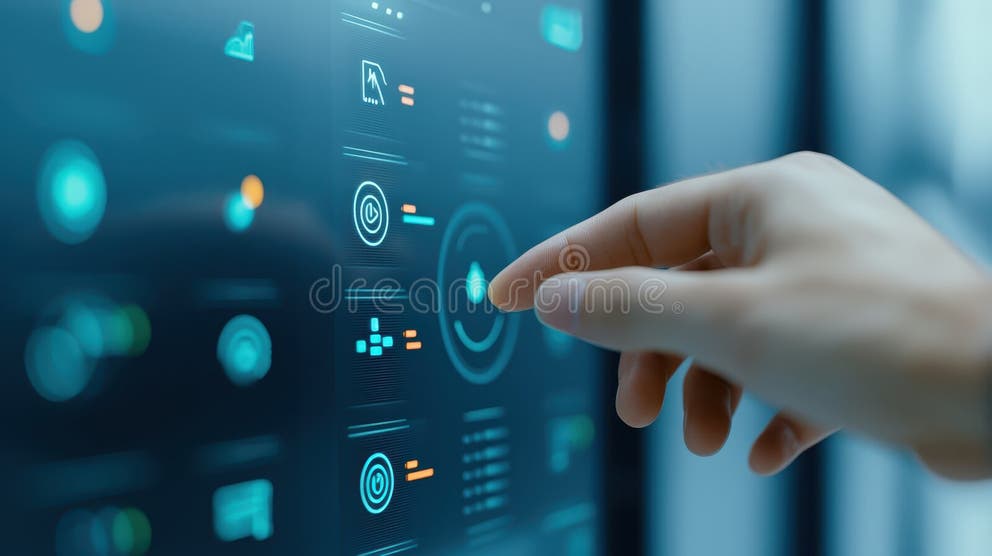 Closeup of Finger Activating Touchscreen Interface, Showcasing Modern ...