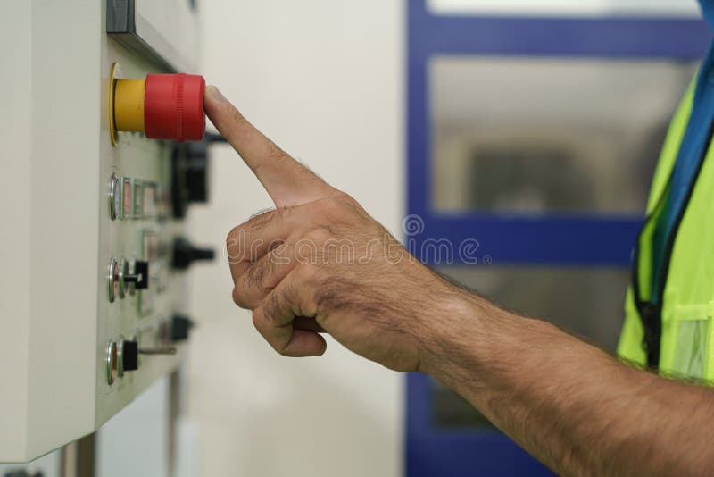 Closeup of Finger Pressing Red Button on Cnc Machine Control Panel at ...