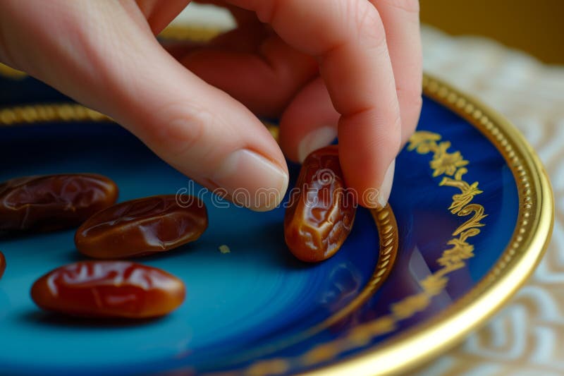 Closeup of Fingers Picking a Date from a Blueandgold Plate Stock ...