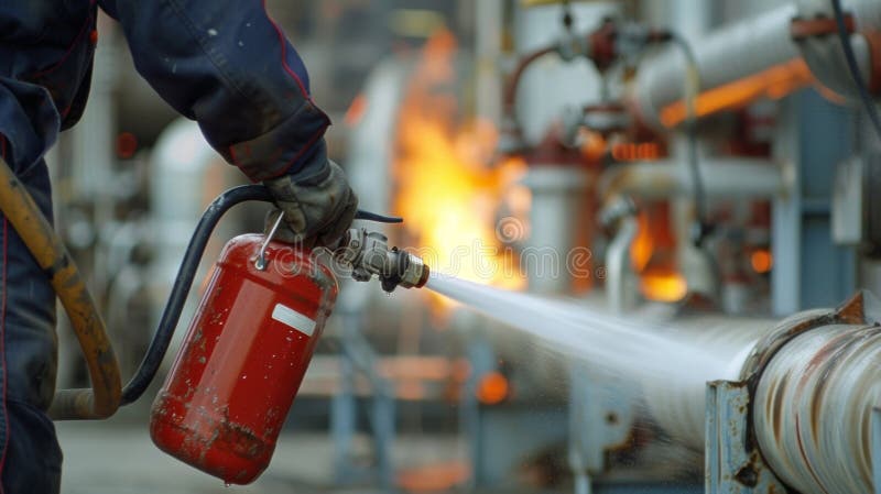 Closeup of a Fire Extinguisher Being Used by a Worker during a Fire ... Closeup of a Fire Extinguisher Being Used by a Worker during a Fire ...