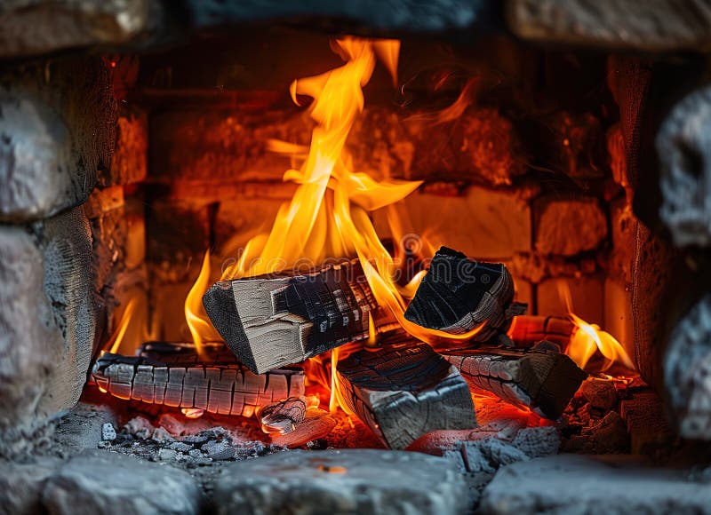 Closeup of Fire in an Old Stone Fireplace Stock Illustration ...