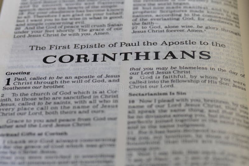 Closeup of the First Book of Corinthians from Bible, with Focus on the ...
