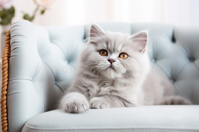 Closeup Fluffy Grey Cat is Laying on a Blue Couch Stock Illustration ...