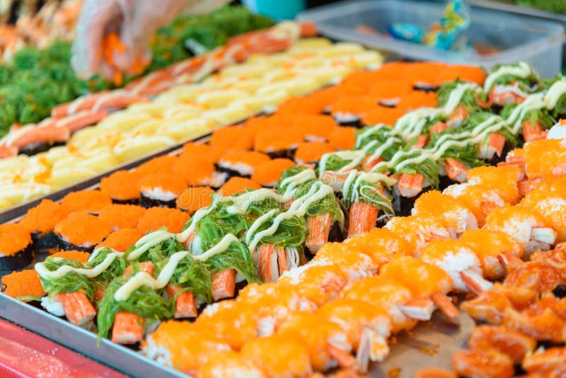 Closeup Focus To Row of Sushi Menu Stock Image - Image of asia, asian ...