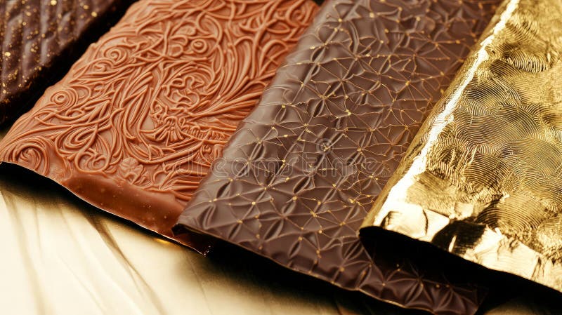 Closeup of Four Different Chocolate Bars with Decorative Designs Stock ...