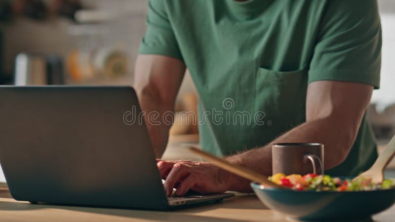 Closeup Freelancer Hands Texting Keyboard Taking Coffee at Kitchen. Man ...