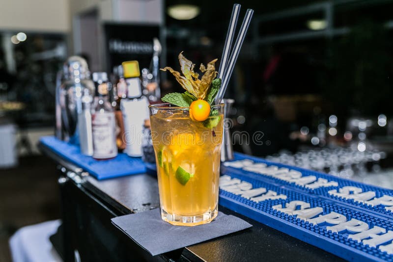 Closeup of Fresh Cocktail at Bar Counter Stock Image - Image of glass ...