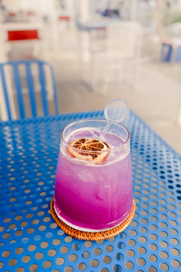 Closeup Image of Fresh Iced Purple Butterfly Pea Soda Drink Served in a ...