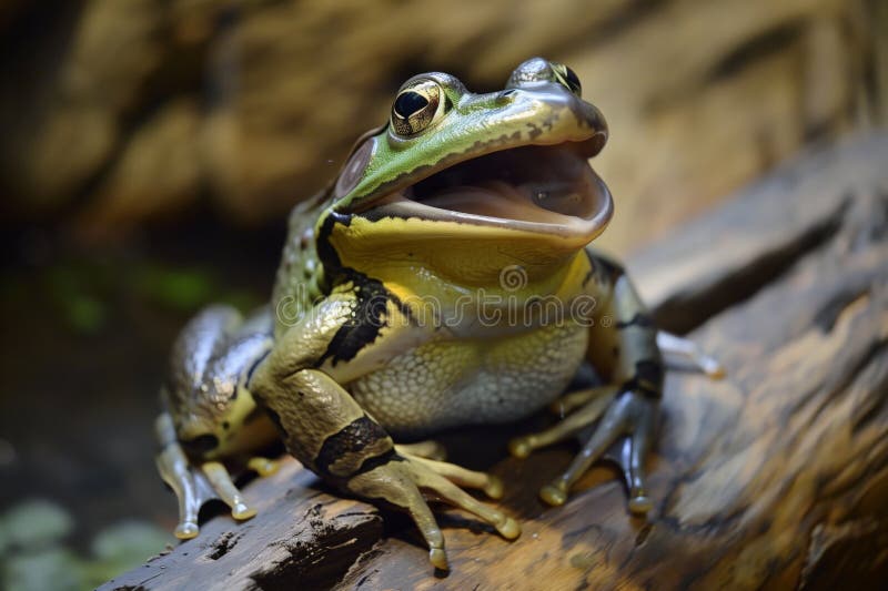 Closeup of Frog with Mouth Open on a Log Stock Image - Image of texture ...