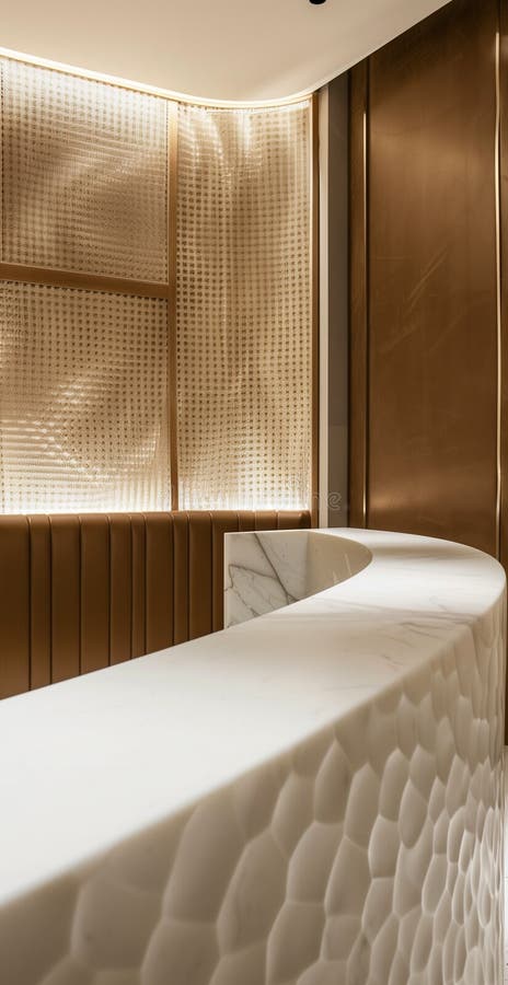 Closeup of the Front Counter, White Marble and Light Brown Leather ...