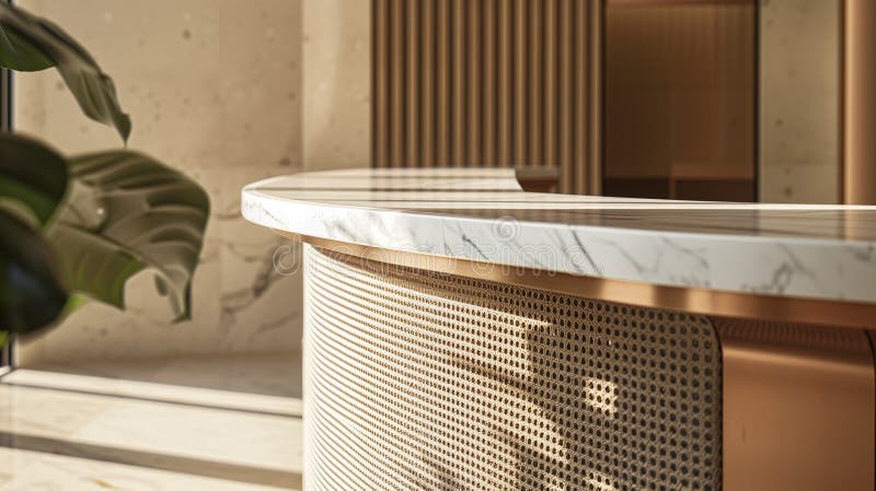 Closeup of the Front Counter, White Marble and Light Brown Leather ...