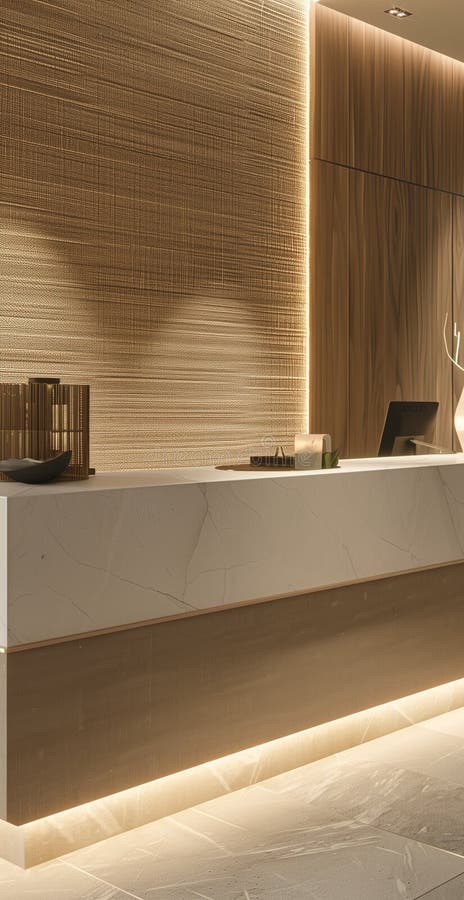 Closeup of the Front Counter, White Marble and Light Brown Leather ...