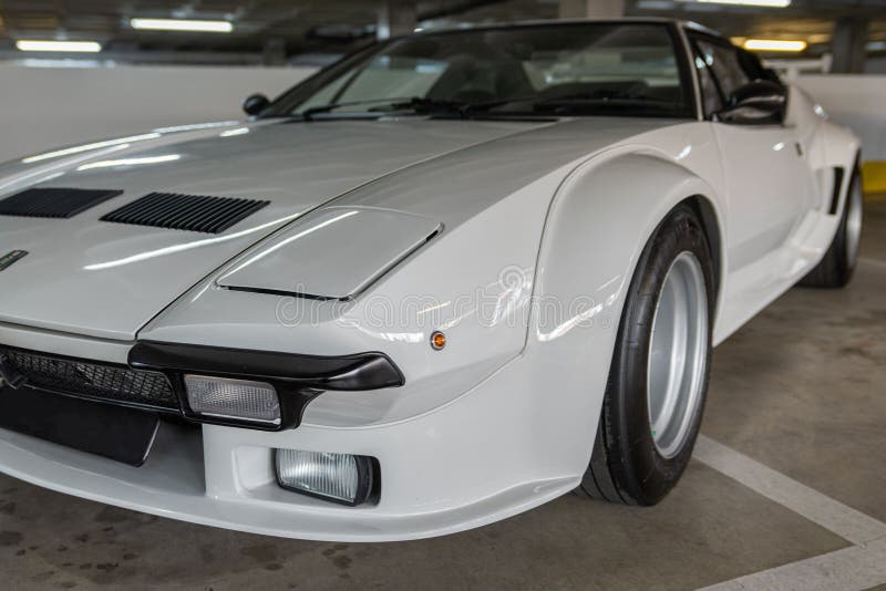 Closeup of the Front View of a White Vintage Lotus Model Esprit Car in ...