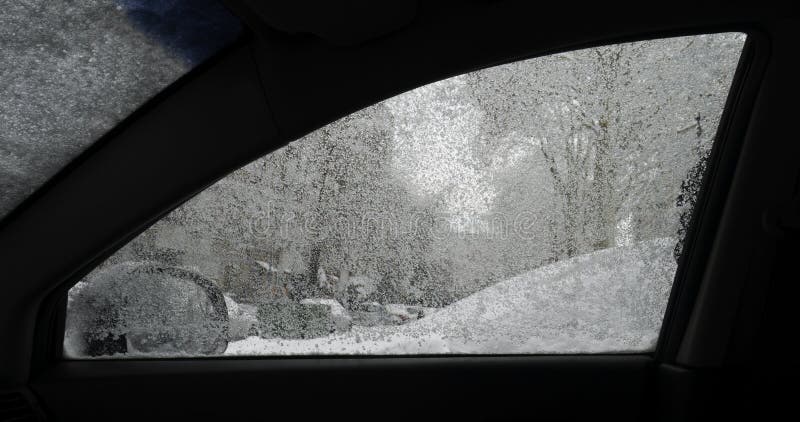 Closeup of Frozen Car Window - View from Inside the Car Stock Photo ...