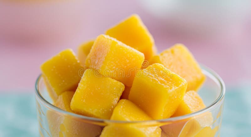 Closeup of Frozen Mango Cubes in Glass Bowl Stock Illustration ...