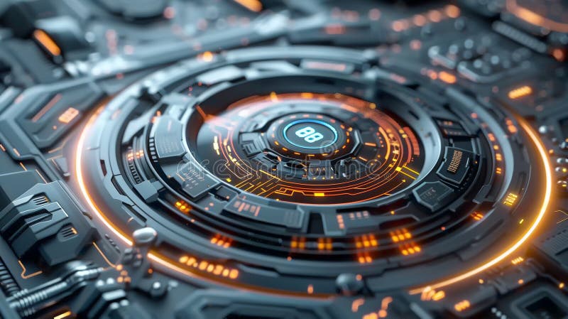 Closeup of a Futuristic, Circular Tech Panel with Illuminated Bb Logo ...