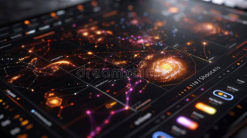 Closeup of a Futuristic Digital Interface Showing a Galaxy Map with ...