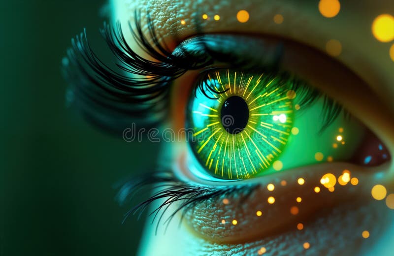 Closeup Futuristic Eye Glowing with Digital Circuits. Advanced Tech ...