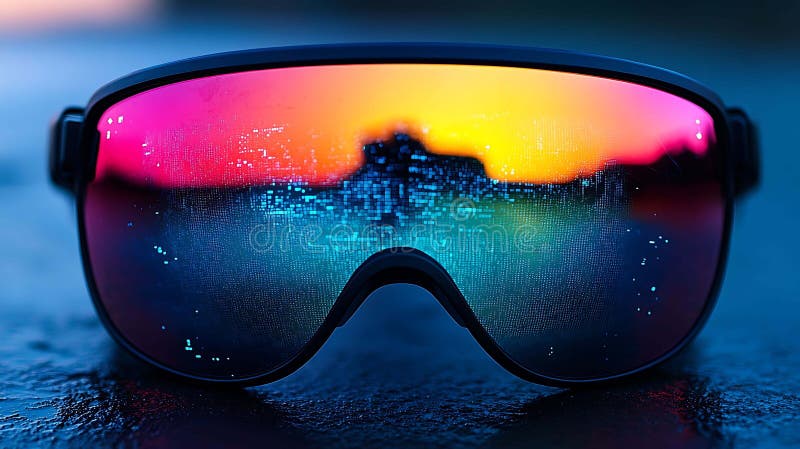 Closeup of Futuristic Goggles Reflecting a Vibrant Sunset and Digital ...