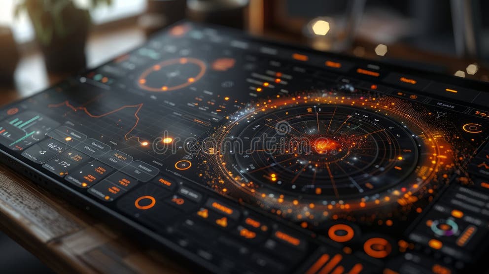 Closeup of a Futuristic Tablet Displaying Data and a Galactic Core ...