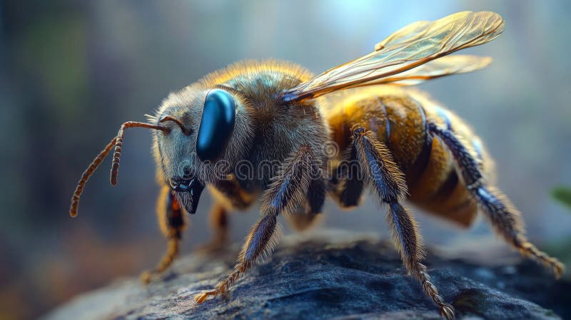 Closeup of a Fuzzy Golden Bee on a Rock Stock Illustration ...