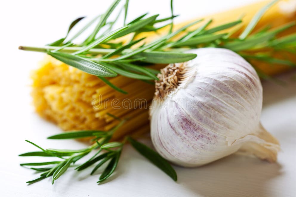 Closeup of Garlic,rosemary and Spaghetti Stock Photo - Image of cooking ...
