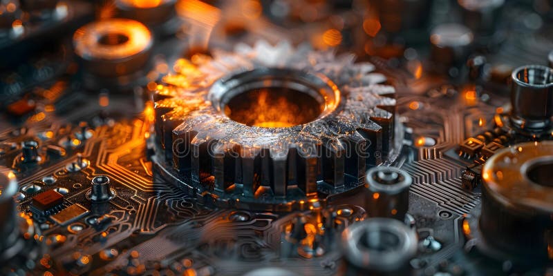 Closeup of a Gear Wheel and Electronic Circuit Board Representing ...