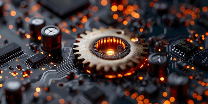 Closeup of a Gear Wheel and Electronic Circuit Board Representing ...