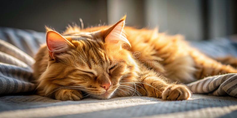 Closeup of a Ginger Black Fluffy Cat Sleeping on the Bed in the ...