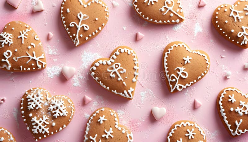Closeup of Gingerbread Heart Cookies with Icing on Pink Table Texture ...