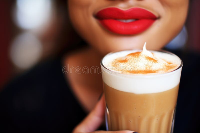 Closeup of a Gingerbread Latte Sip, Lips with Red Festive Lipstick ...