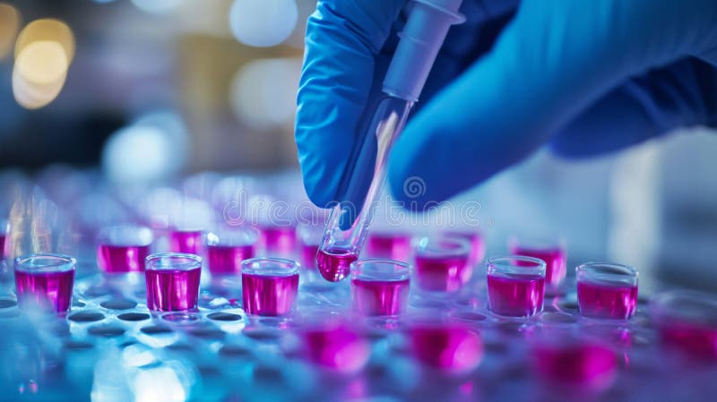 Closeup of Gloved Hand Pipetting Pink Fluid into Test Tubes in a Lab ...