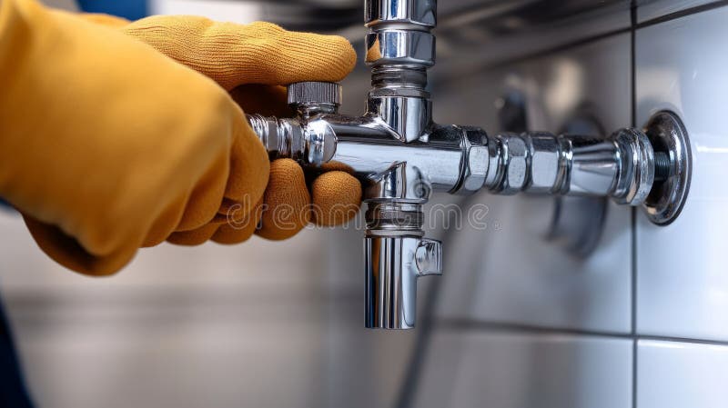 Closeup of Gloved Hands Fixing a Chrome Pipe Connection. Stock Photo ...