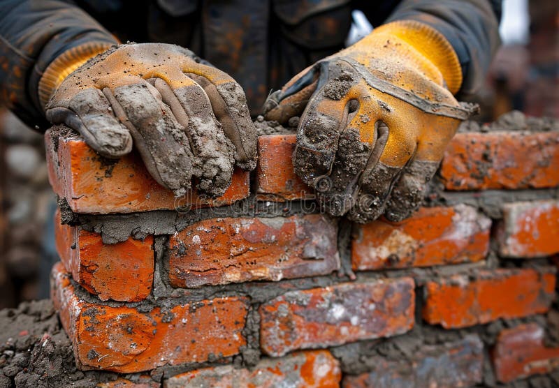 Closeup of Gloved Hands Laying Red Bricks on a Construction Site Stock ...