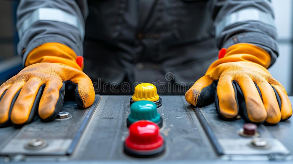 Closeup of Gloved Hands Operating a Control Panel with Red, Green and ...