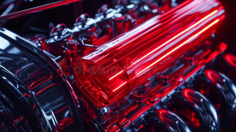 A Closeup of a Glowing Red Valve Cover with the Reflection of the Neon ...