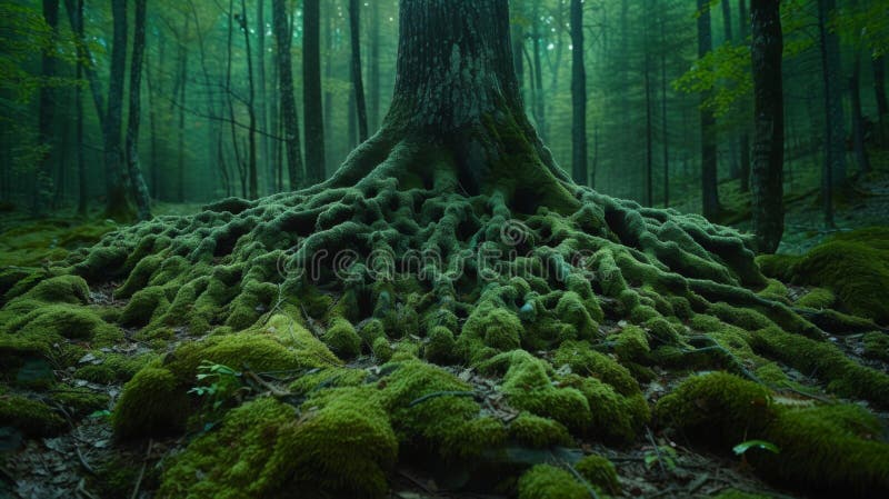 Closeup of Gnarled Roots Emerging from the Ground in a Mosscovered ...