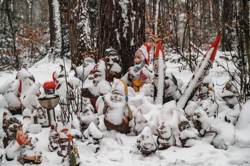 Closeup of Gnomes Covered with Snow in a Garden Stock Image - Image of ...