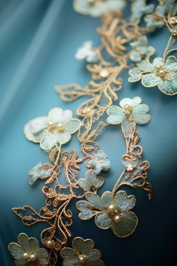 Closeup of a Gold Embroidered Lace with Flowers, AI Stock Image - Image ...