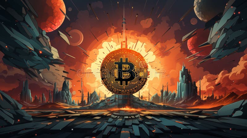 Golden Bitcoin Coin Lying on a Surface of Red Rocks, Illuminated in the ...