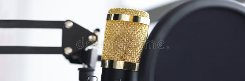Closeup of Golden Microphone in Recording Studio Stock Image - Image of ...