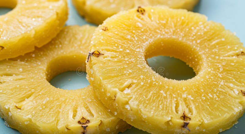 Closeup of Golden Pineapple Rings on a Teal Background Stock ...