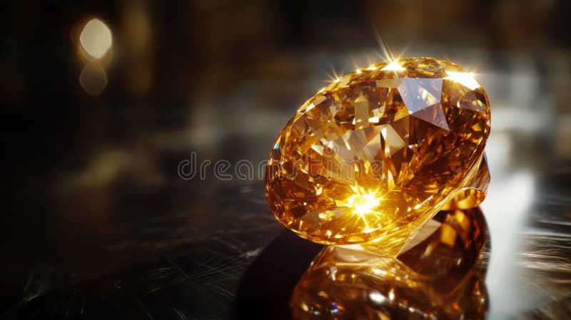 Closeup of a Golden Yellow Diamond on Dark Reflective Surface Stock ...