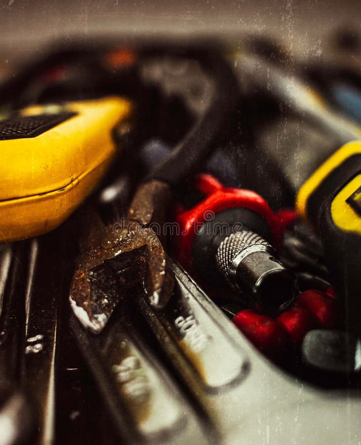 Closeup of a Greasy and Dirty Construction Tool Kit Stock Image - Image ...