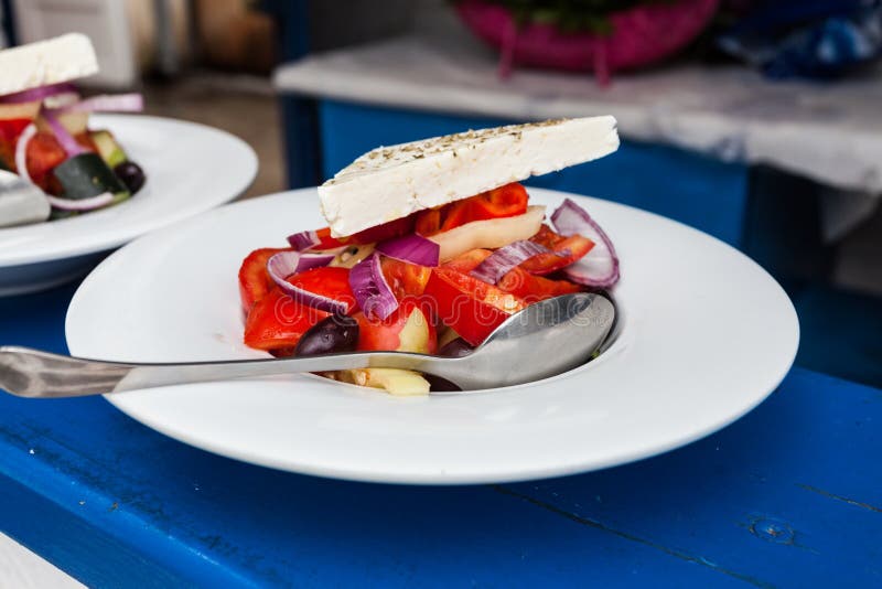 Closeup of Greek Salad on Plate in Greek Restaurant Stock Photo - Image ...