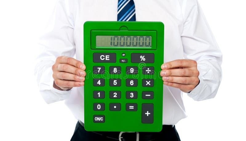 Closeup of a Green Calculator. Man Holding it Stock Photo - Image of ...