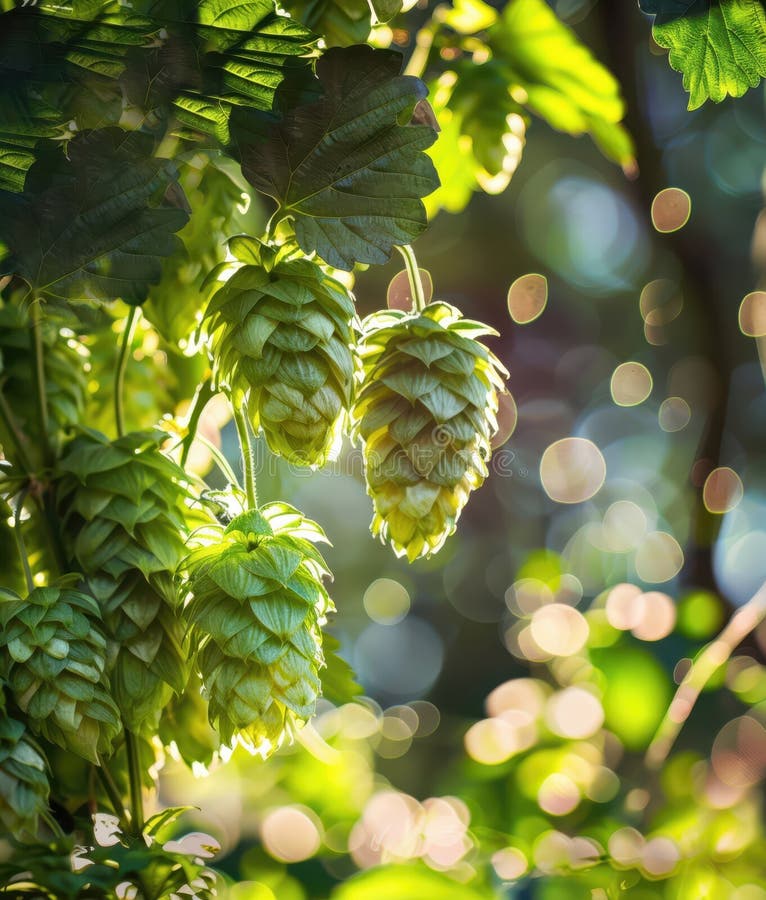 Closeup of Green Hops on the Tree, Bathed in Sunlight with a Blurred ...