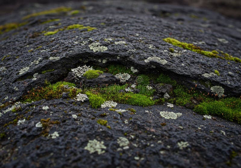 Closeup of Green Moss and Lichen on Black Volcanic Rock Stock ...