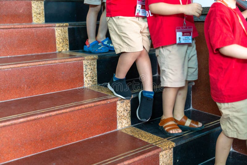 Closeup Group of Elementary School Kids Stepping Down on Stair Stock ...