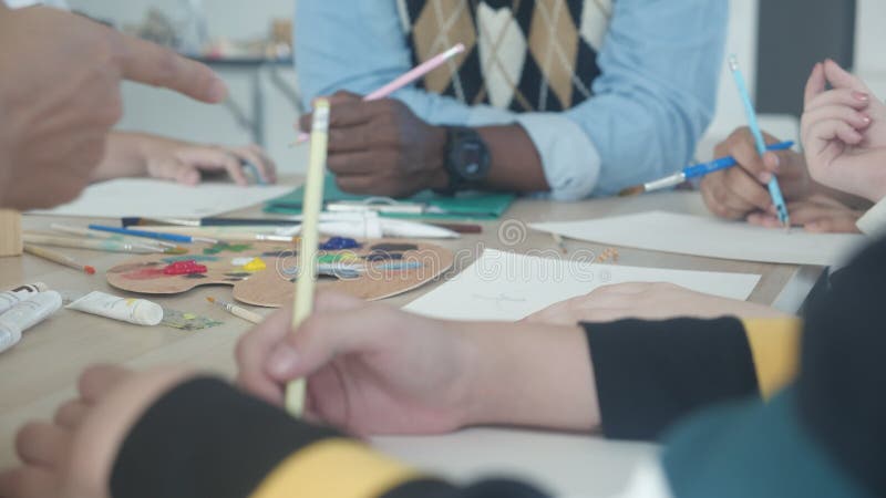 Closeup Group of Student Sitting and Studying and Learning Drawing with ...